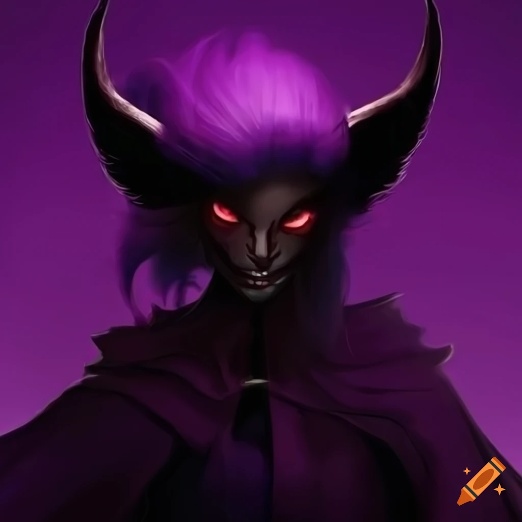 Art of a mysterious black imp with purple cloak and pink hair on Craiyon