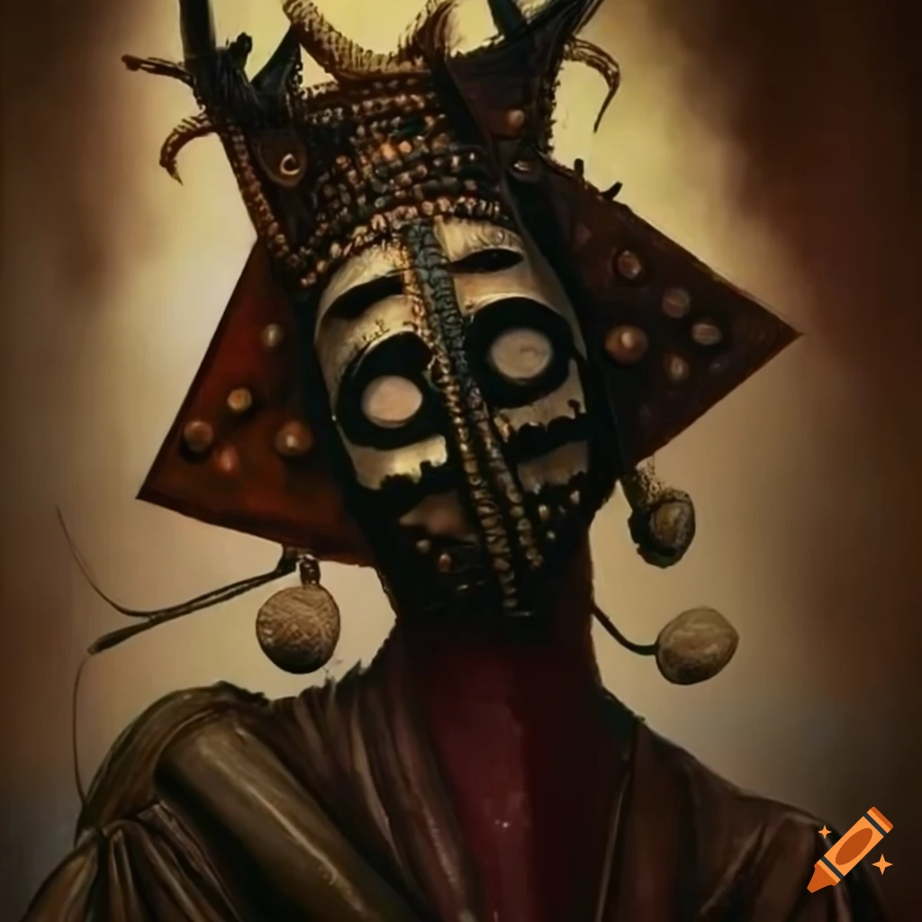 Artwork of Onibaba playing Biwa with metal mask on Craiyon