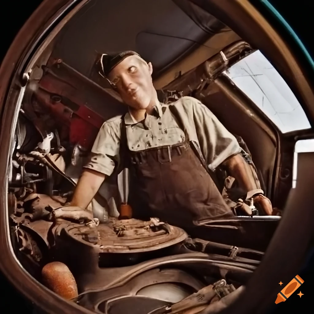 1940s auto mechanic replacing engine in an auto repair shop on Craiyon