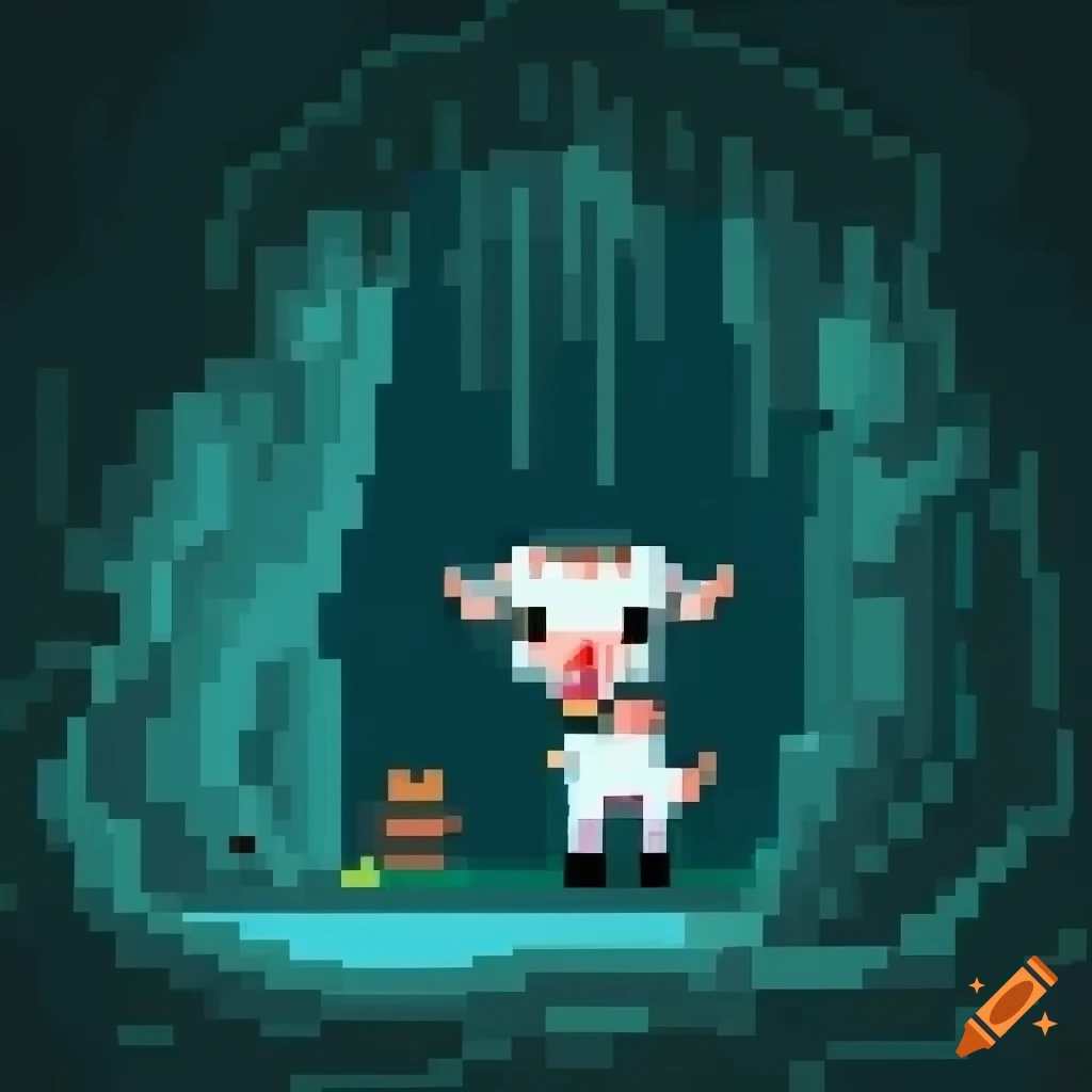 Pixel art of a goat in a dark cave on Craiyon