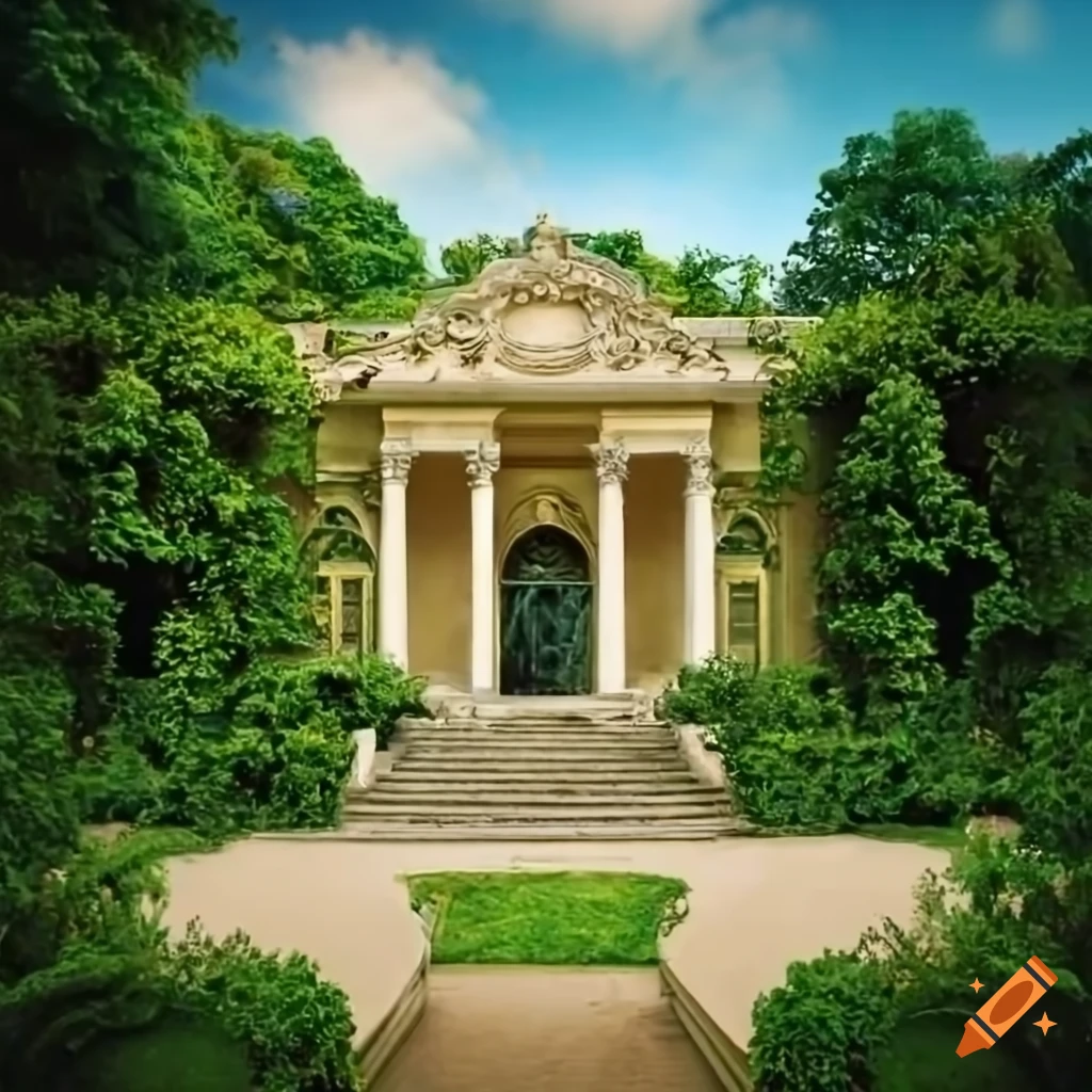 Image of a rococo stucco entrance in a leafy garden on Craiyon