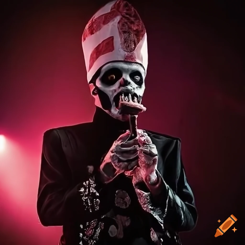 Ghost's lead singer as a spiritual leader with devoted fans on Craiyon