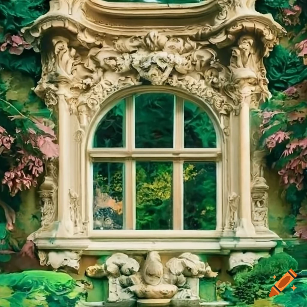 Elegant rococo entrance in a leafy garden on Craiyon