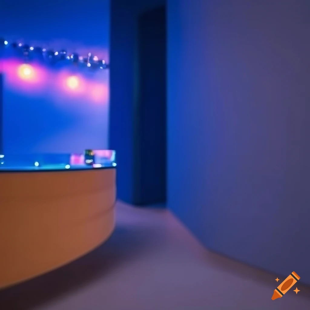 Reception room with navy blue walls and sunset lighting