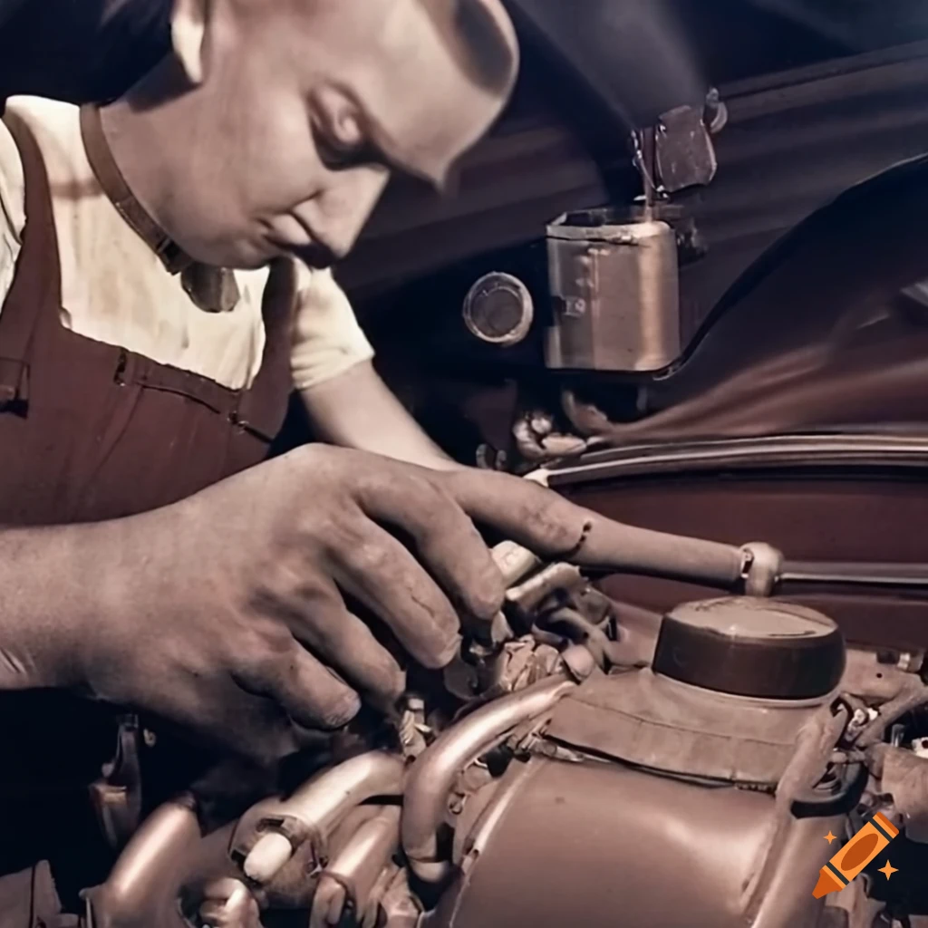 Photo of an auto mechanic replacing an engine in a 1940s car on Craiyon