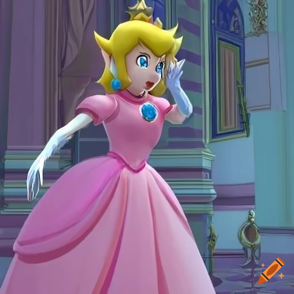 Princess Peach helping Link try on a beautiful pink ballgown on Craiyon