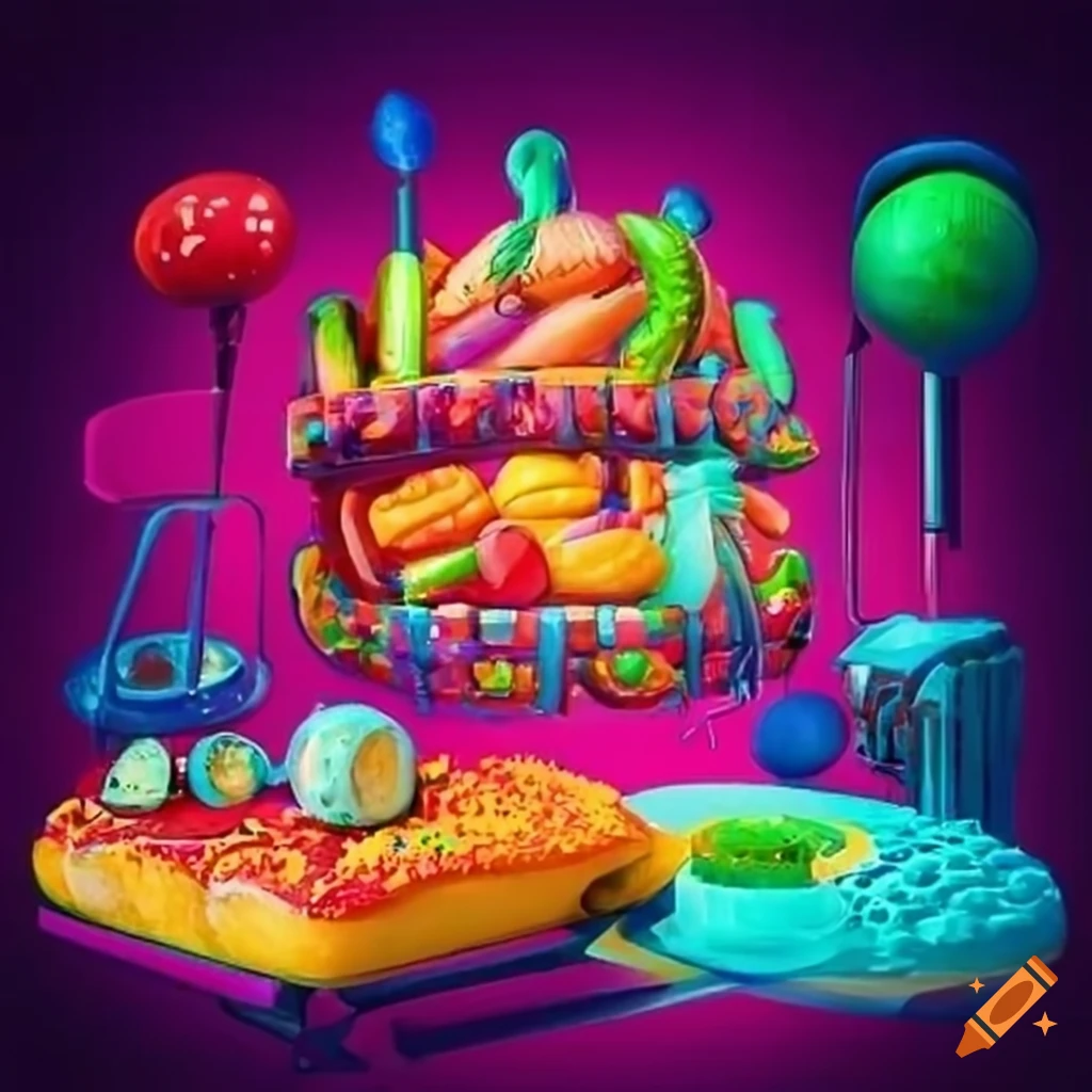 Image of a futuristic kidcore food factory on Craiyon