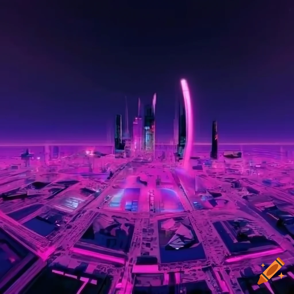 Futuristic chrome city floating in space with glowing gems on Craiyon