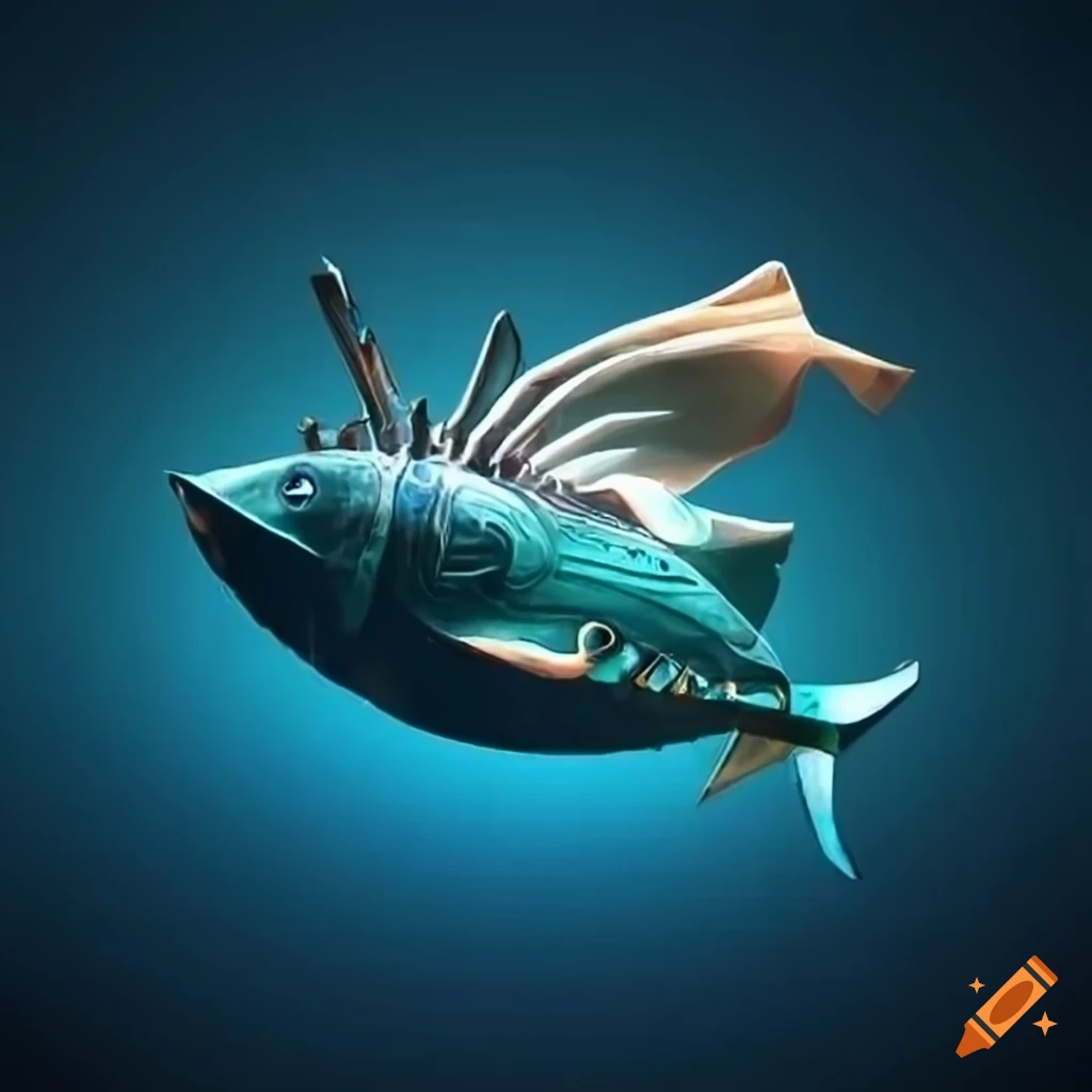 Illustration of a fish piloting a spaceship with scissor hands on Craiyon