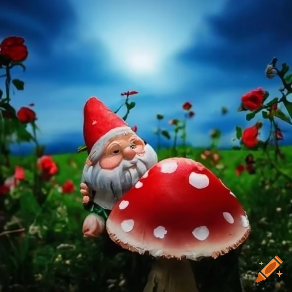 Gnome sitting on a mushroom in a field of roses on Craiyon