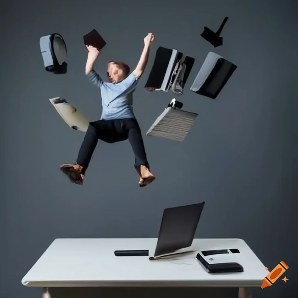 Creative depiction of a person working in a floating office on Craiyon