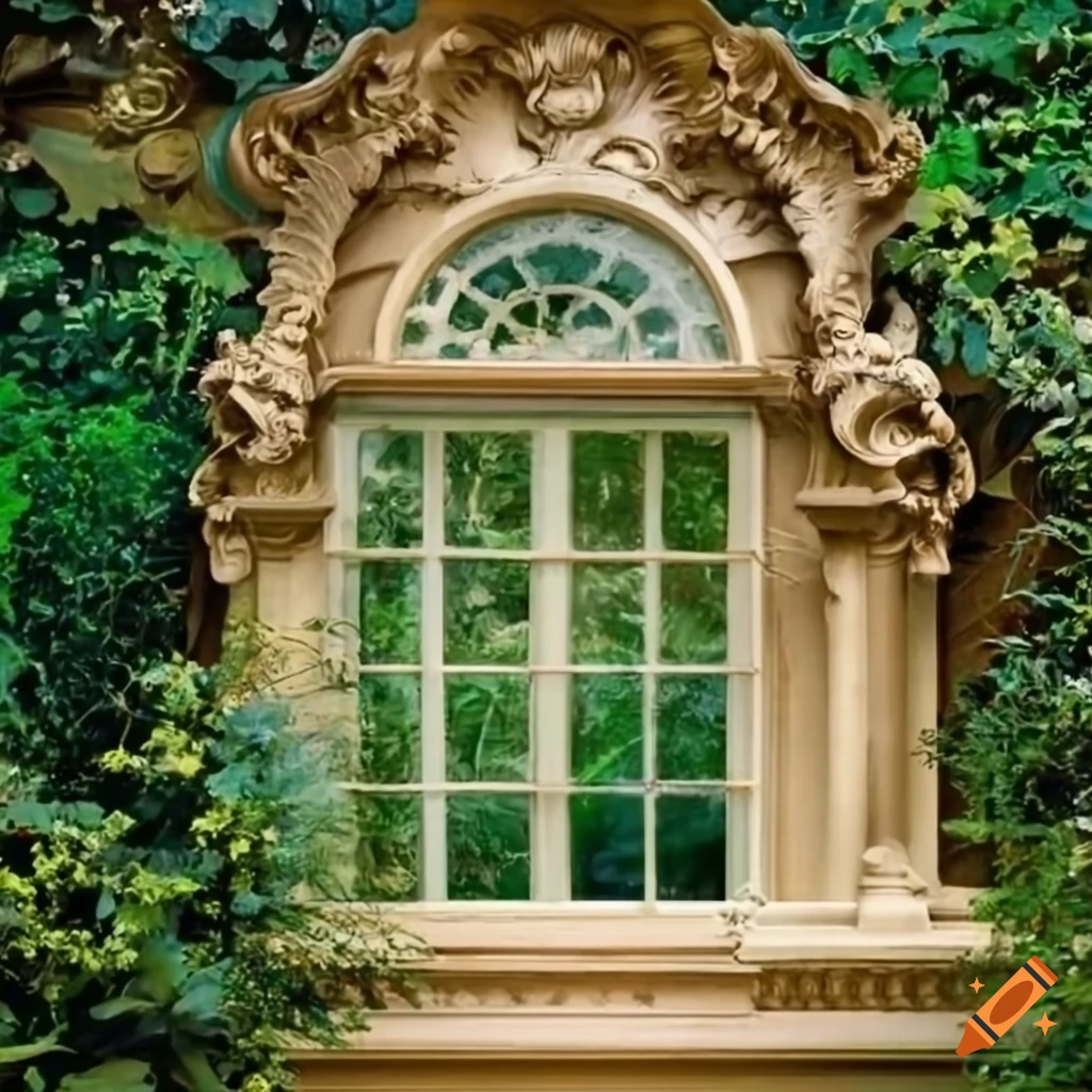 Elegant rococo stucco entrance with garden and pond