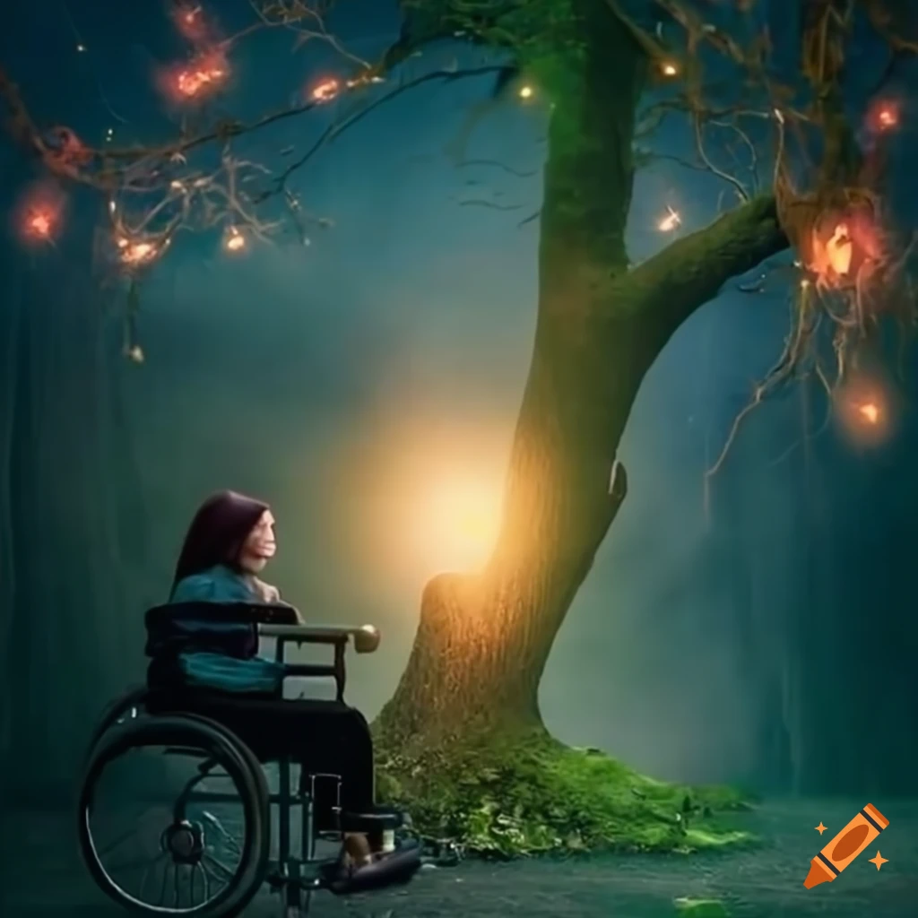 Image of a disabled woman finding a magical tree on Craiyon