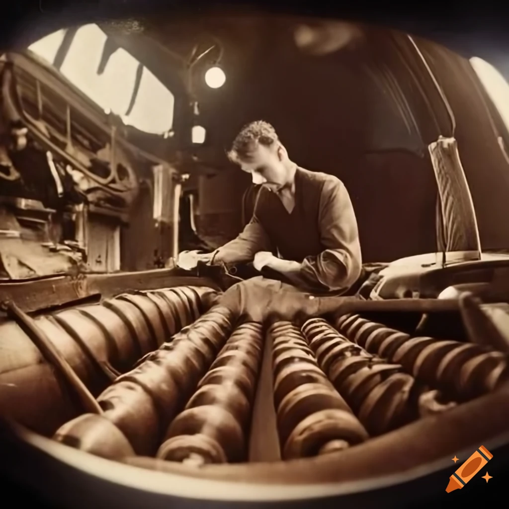 Vintage fisheye photo of an auto mechanic working on Craiyon