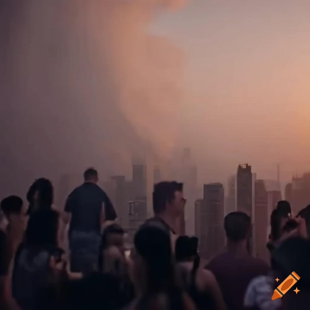 Cityscape party on a rooftop at sunset on Craiyon