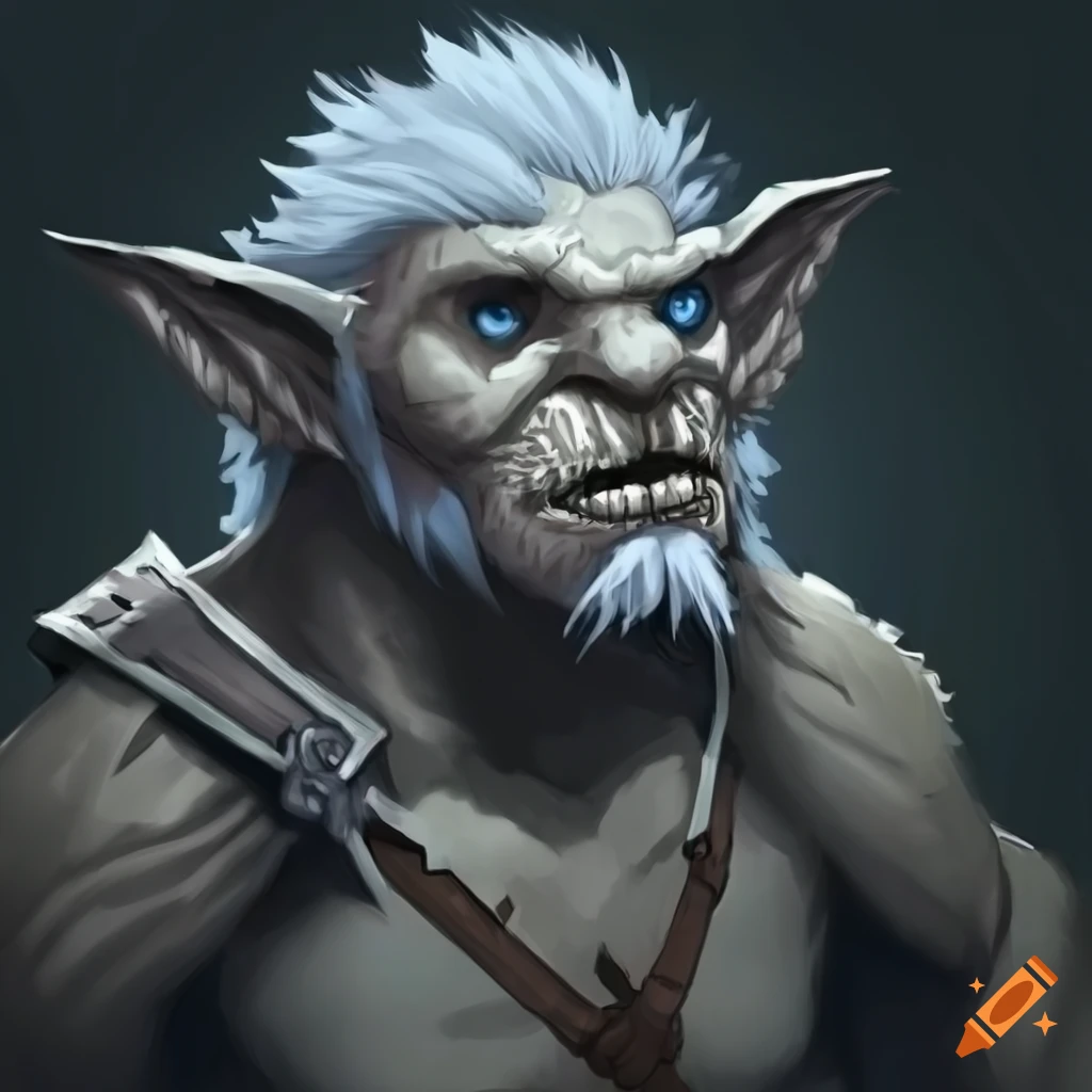 Illustration of a grey-skinned male bugbear ranger on Craiyon