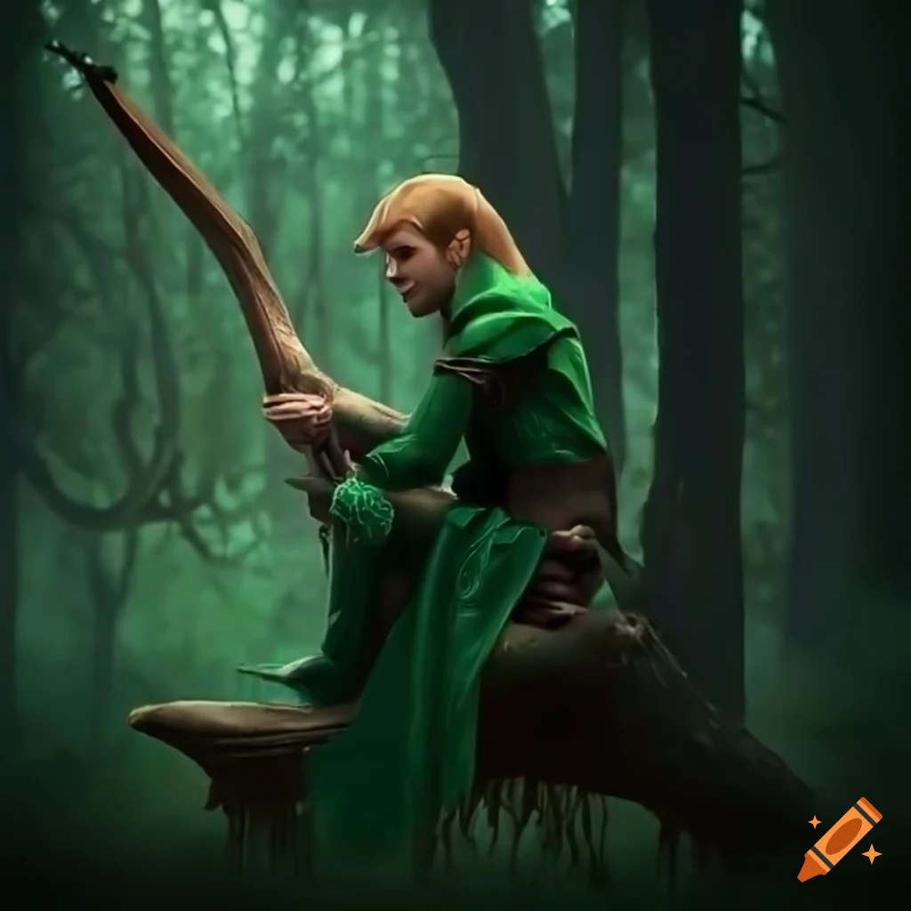 Male elf with dark hair sitting on a tree branch with a green cape on ...