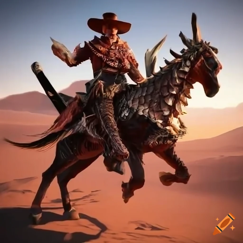 Cowboy monster hunter riding through the desert on Craiyon