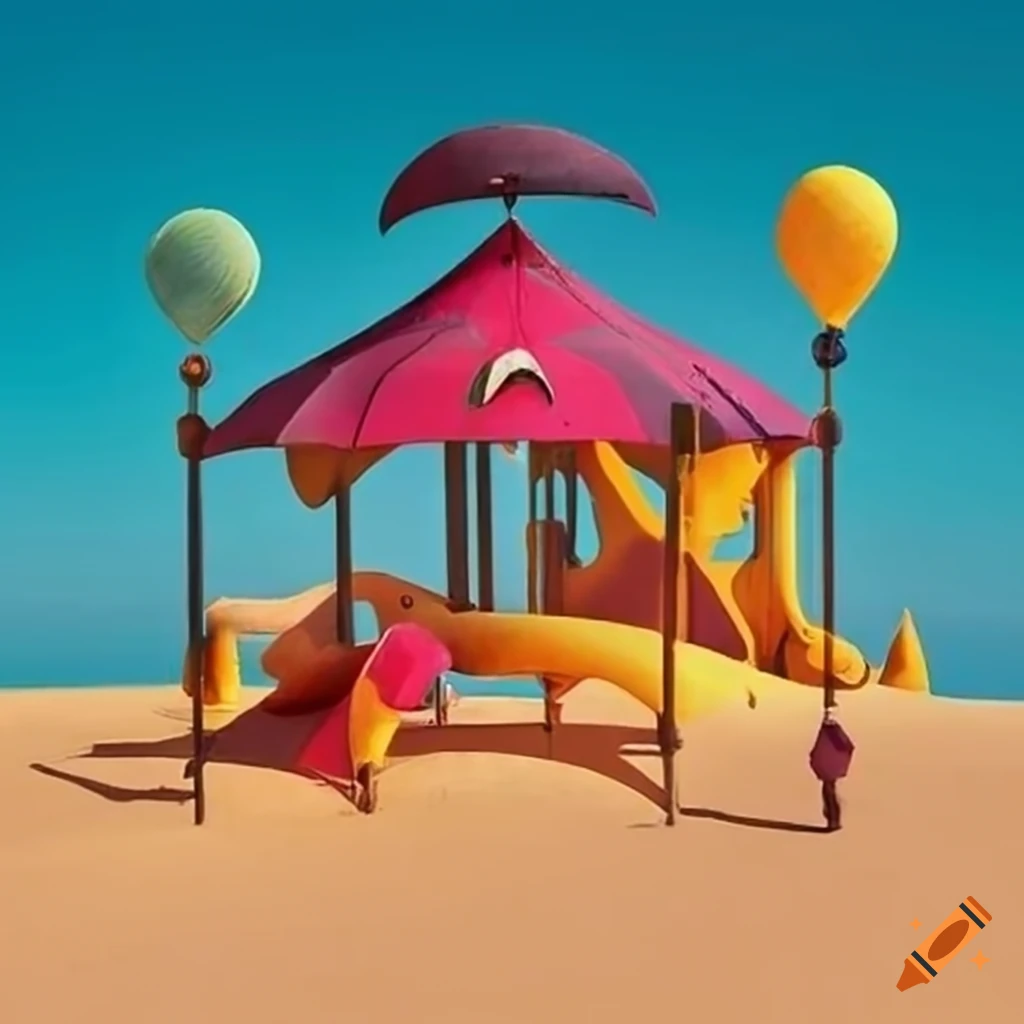 Surrealist landscape with random objects in industrial design on Craiyon