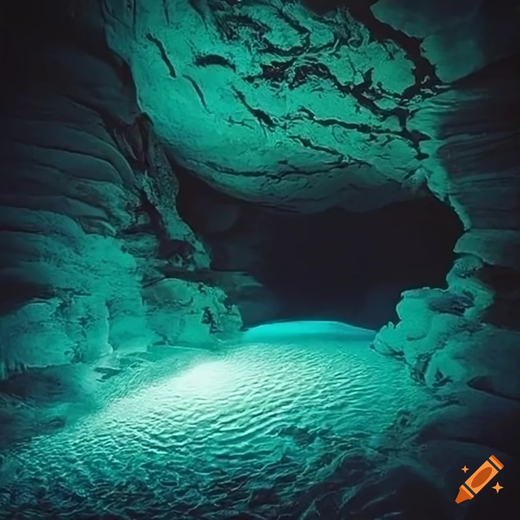 Luminous stone path in a cave with glowing liquid on Craiyon