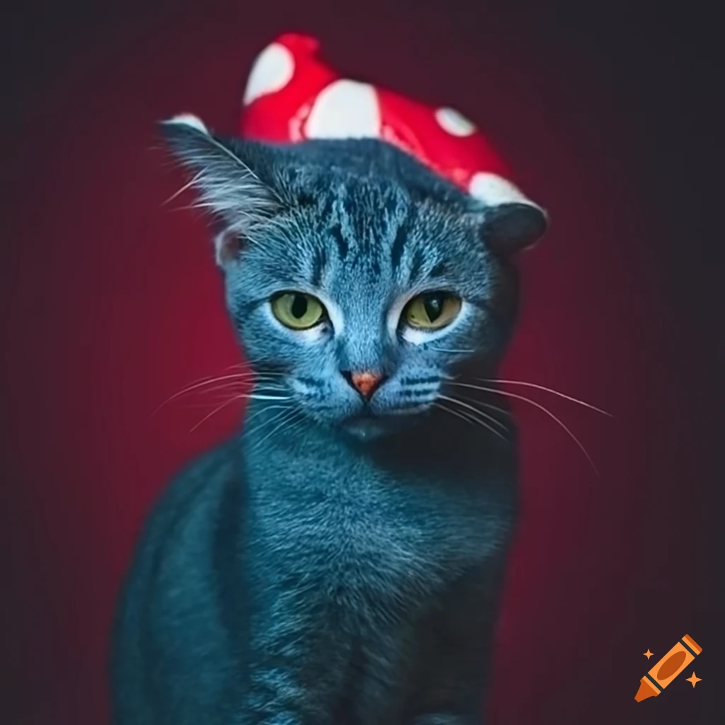 Blue cat with mushroom hat