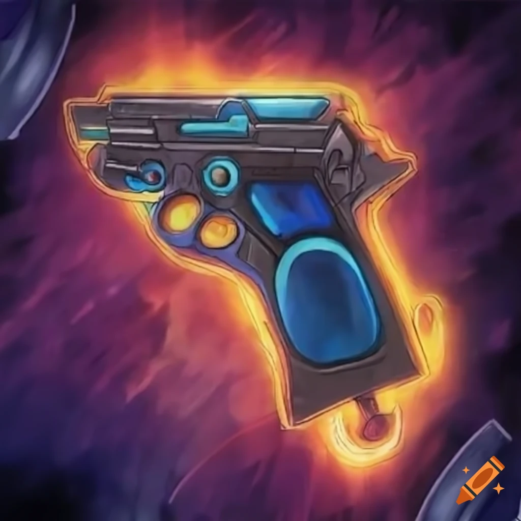 Artistic representation of a gun inspired by yu-gi-oh cards on Craiyon