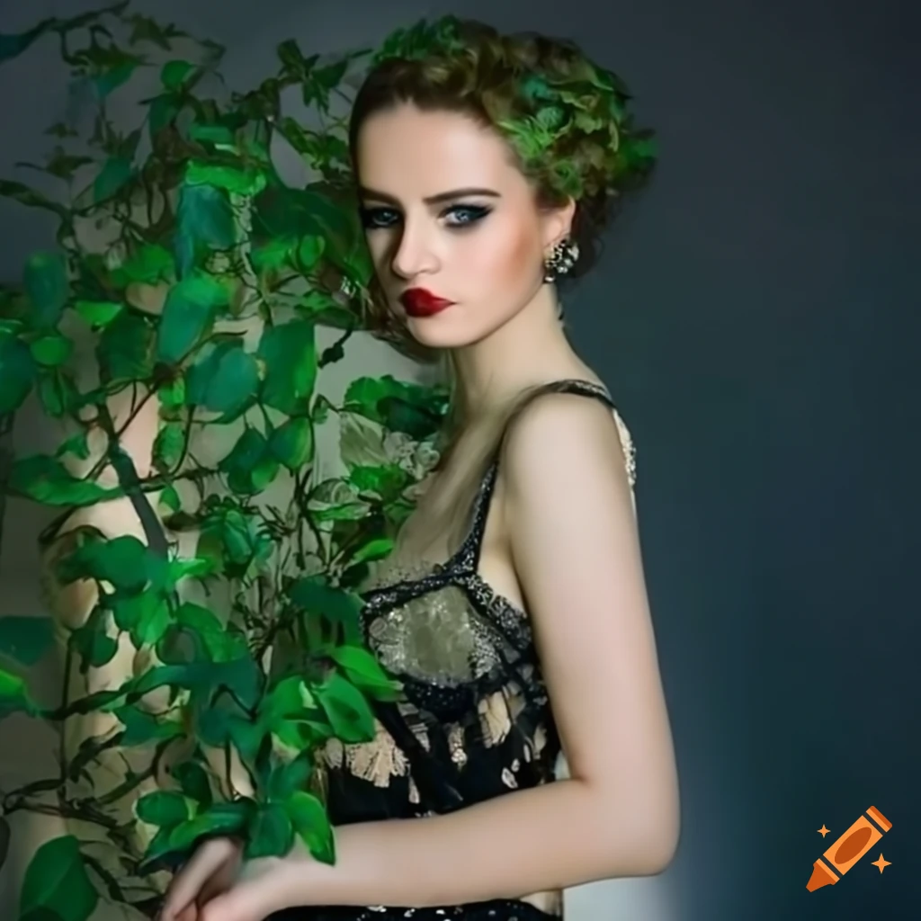 Portrait of a woman with leaf-inspired hairstyle in a ballroom on Craiyon