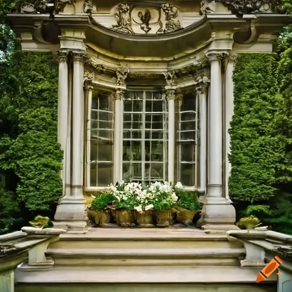 Stucco entrance to a classical house in a leafy garden