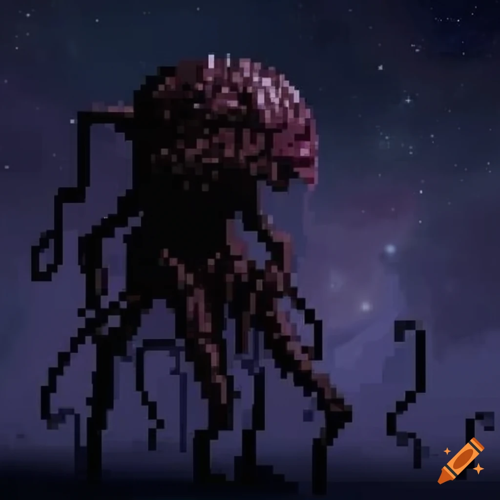 Dark pixel art of a creepy lovecraftian creature on Craiyon