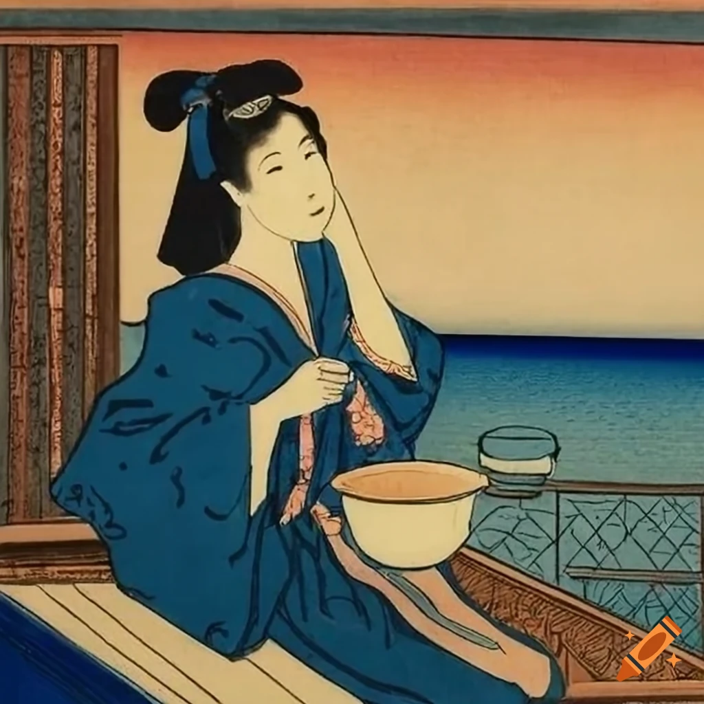 Ukiyo-e woodblock print of a young lady enjoying coffee on a balcony