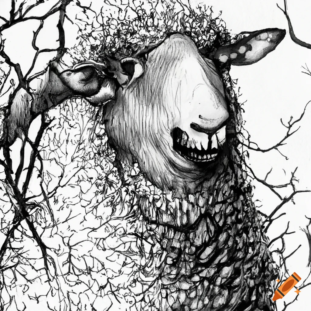Creepy ink drawing of a spooky sheep