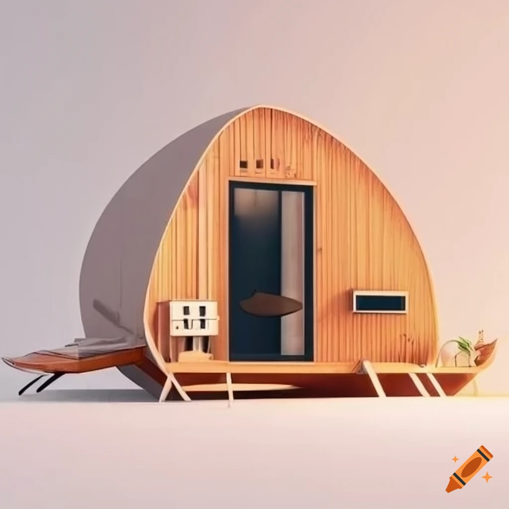 Technical drawing of a minimalist living pod with unique landing stilts