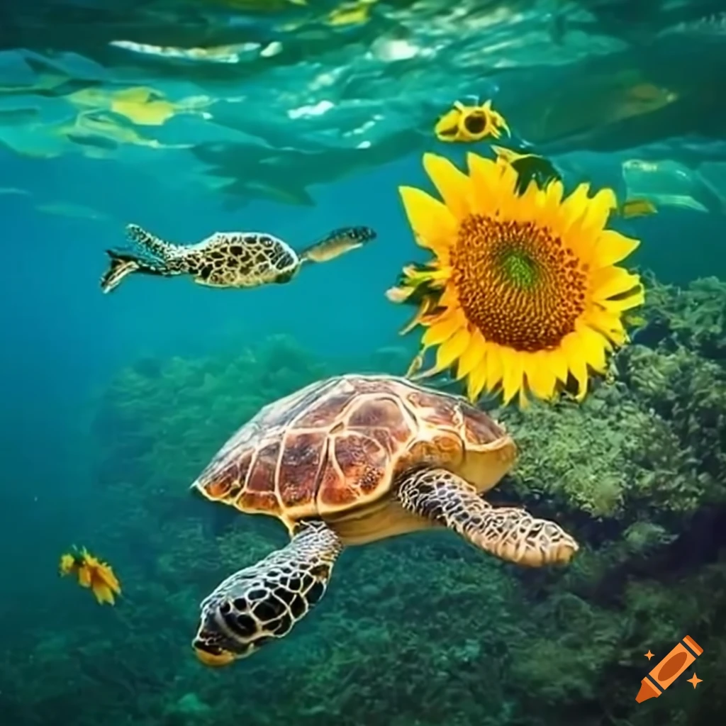 Sea turtle with sunflowers growing out of its shell on Craiyon