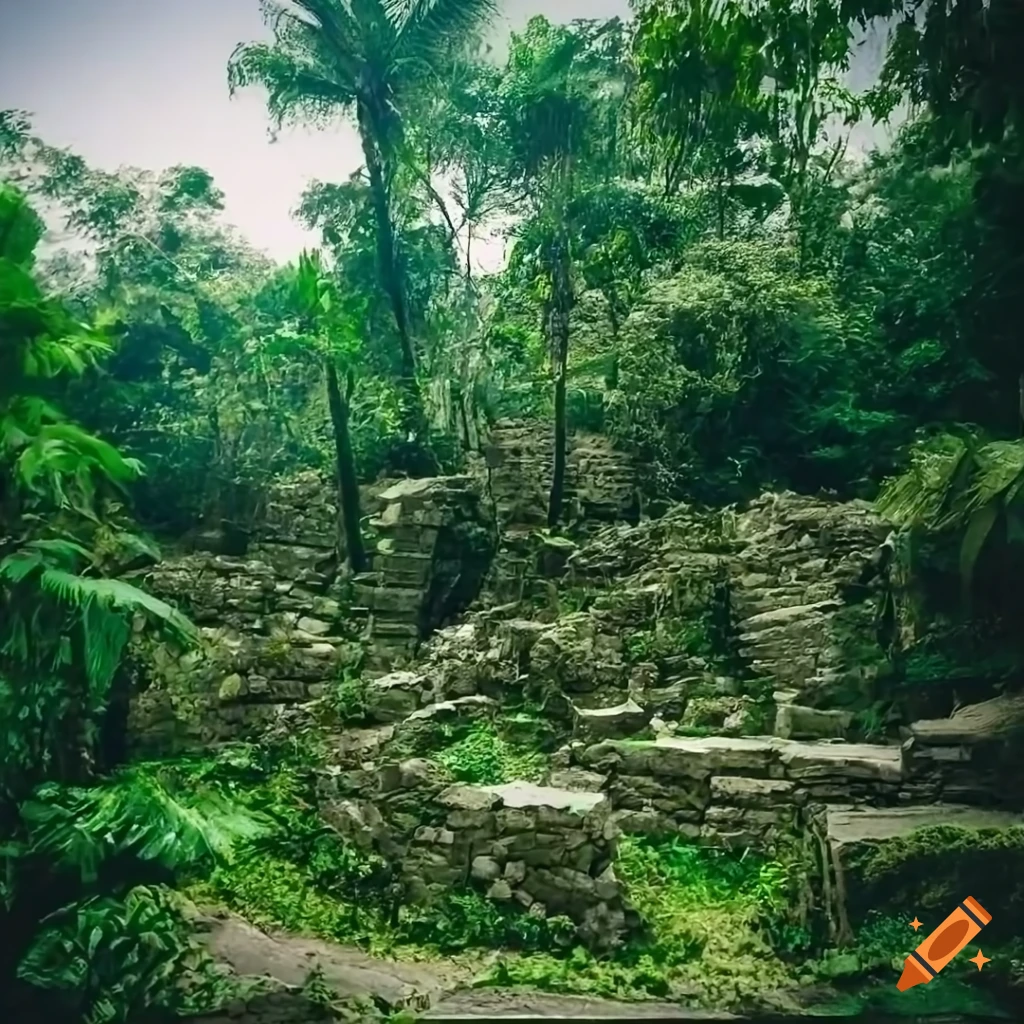 Jungle overgrown ruins of a stone village on Craiyon