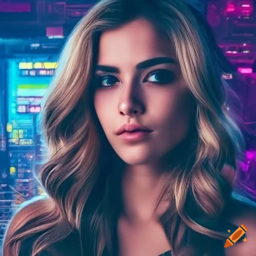 Close Up Portrait Of A Beautiful Girl With Neon Lights In A Synthwave