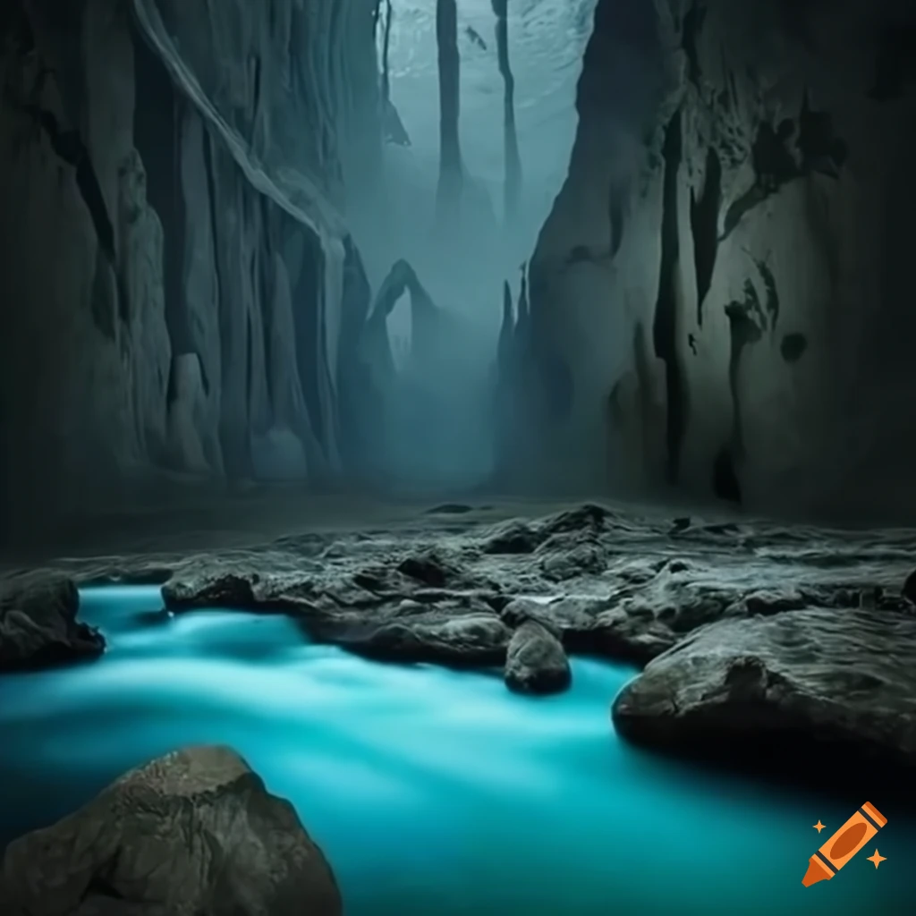 Image of a mysterious underground cave with a river on Craiyon