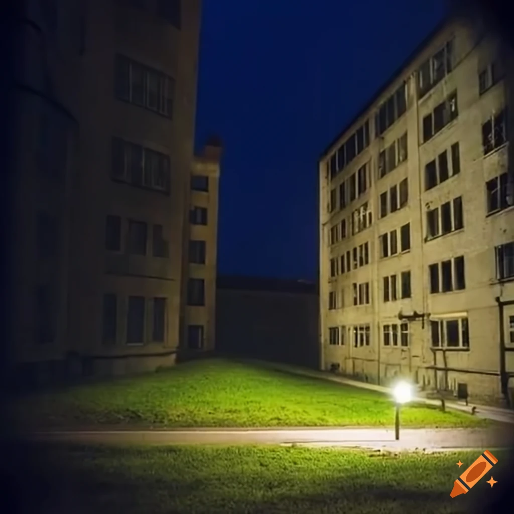 Night view of a psychiatric hospital courtyard