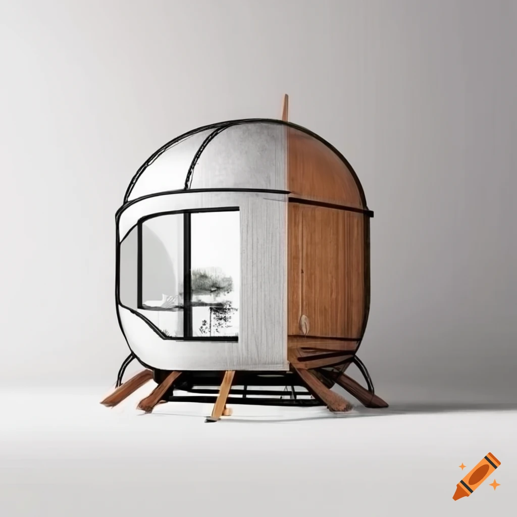 Technical drawing of a unique living pod with scandinavian minimalist ...