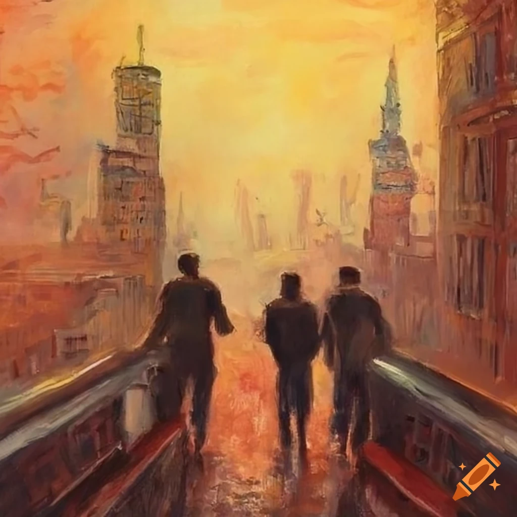Impressionist drawing of men walking in an apocalyptic city on Craiyon