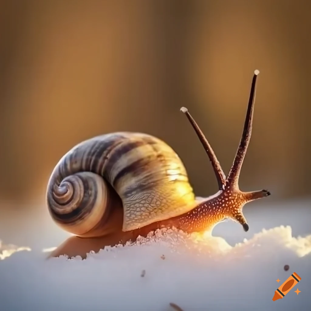 Golden hour snail walking in the snow on Craiyon