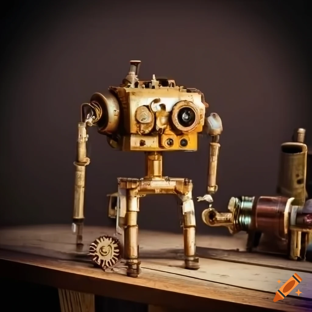 Steampunk bio-mechanical droid on a workbench on Craiyon