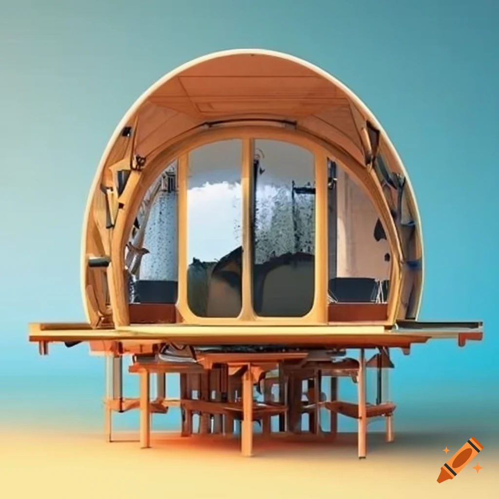 Technical drawing of a unique landing stilted living pod on Craiyon