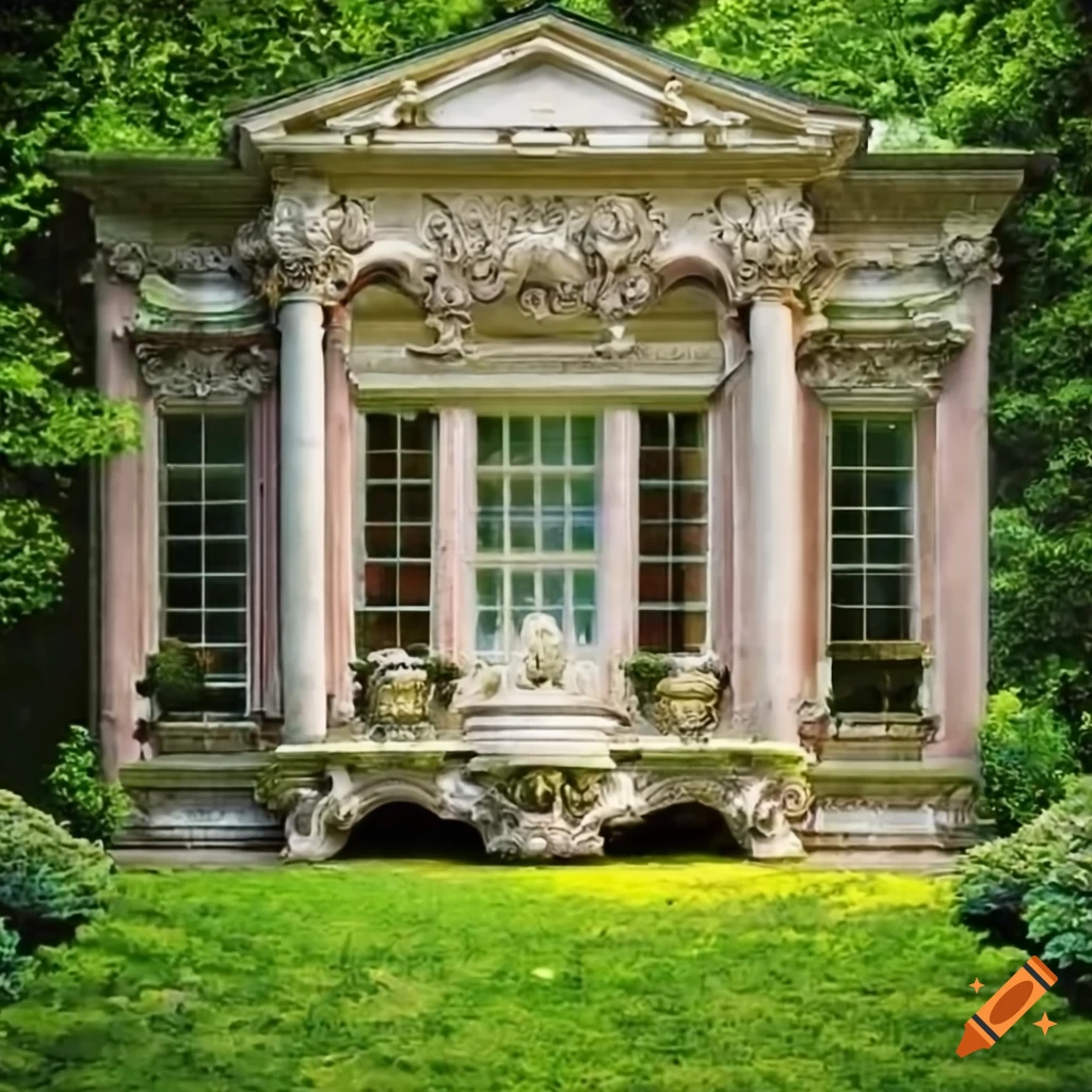 Stucco entrance of a classical building with a garden on Craiyon