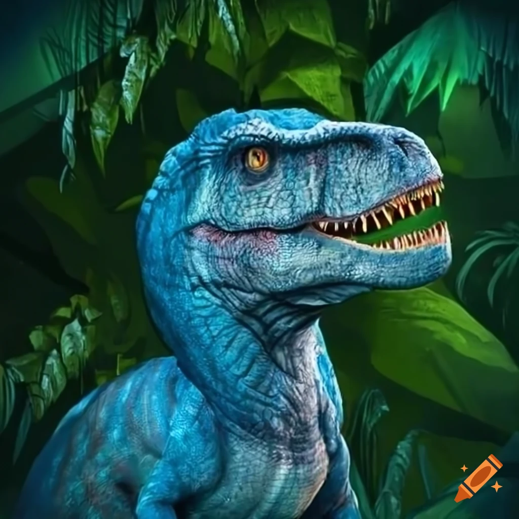 Profile of a distant blue tyrannosaurus in a jungle