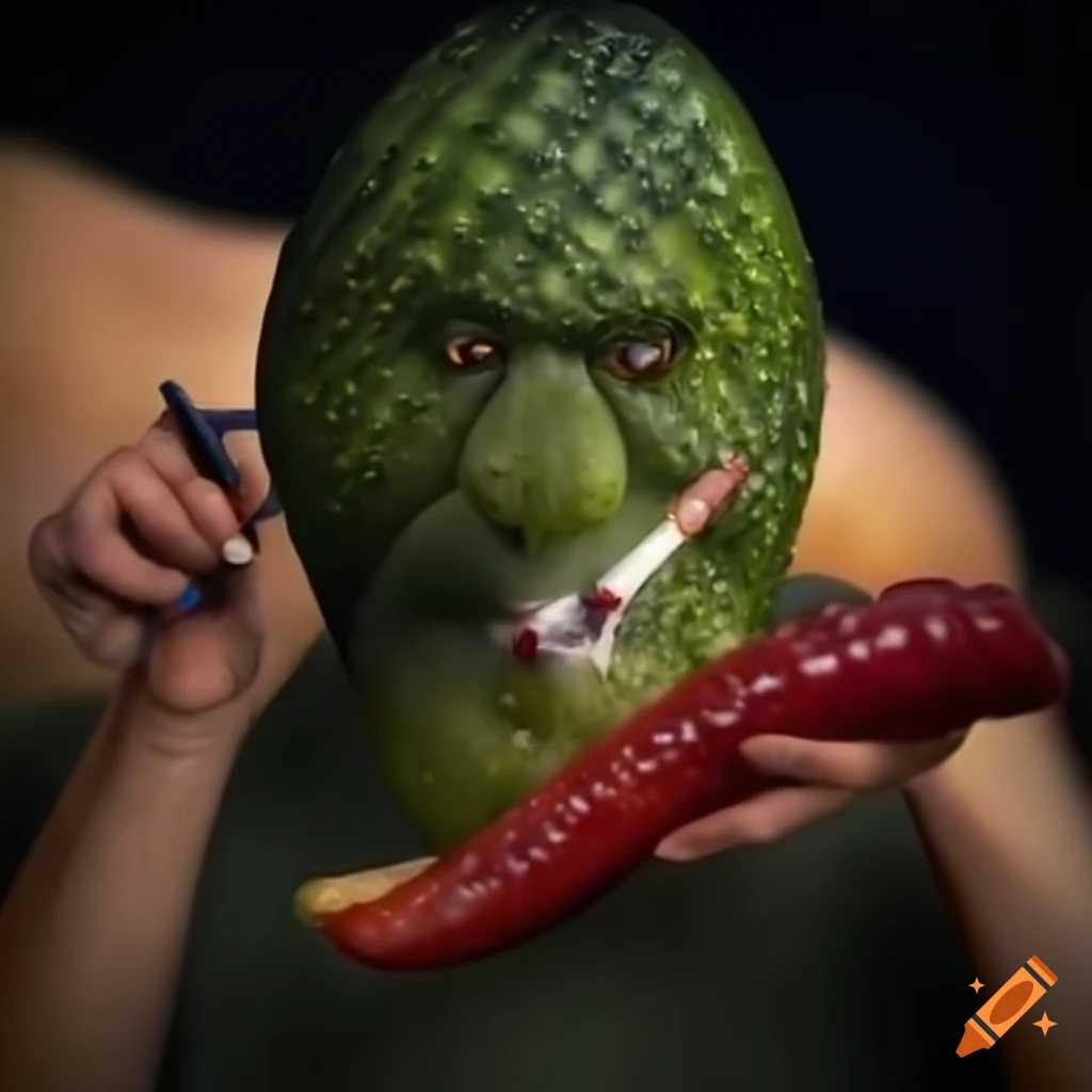Humorous illustration of a pickled gherkin smoking a blunt on Craiyon