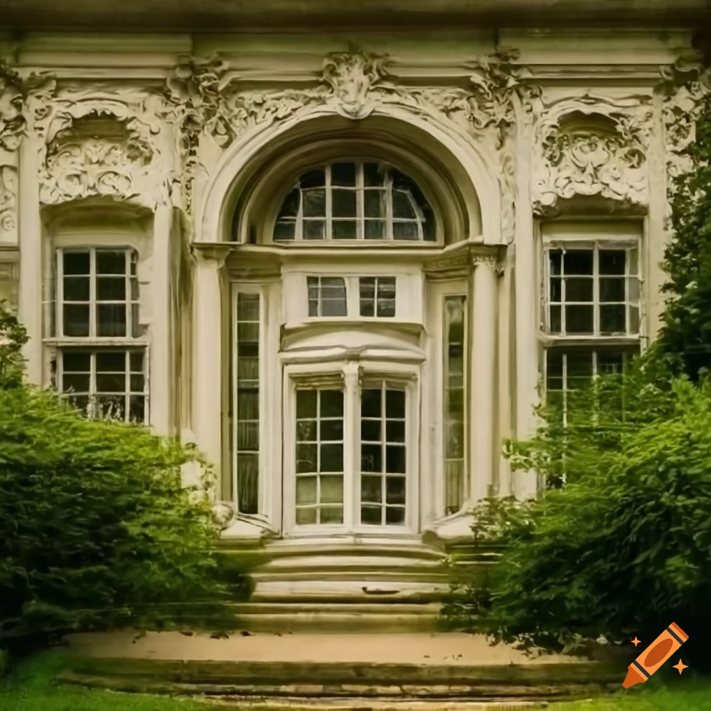 Rococo stucco entrance on a leafy garden