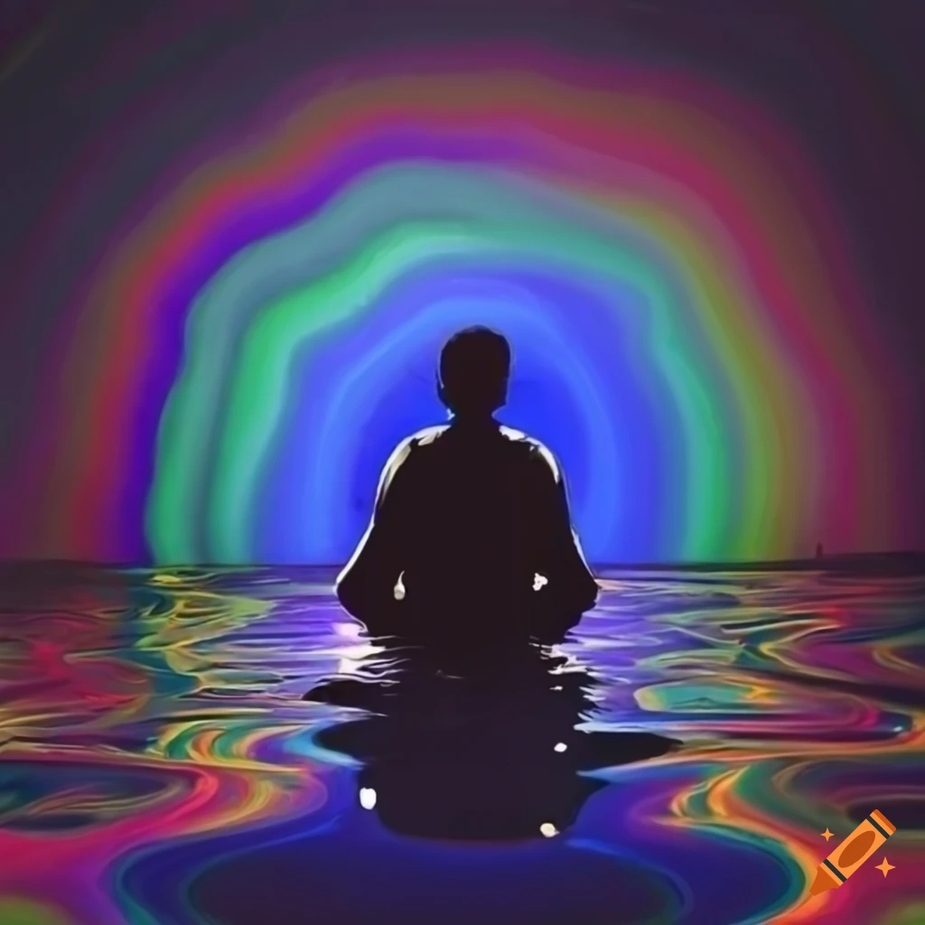 Surreal artwork of a man in a dark void with rainbow goo on Craiyon