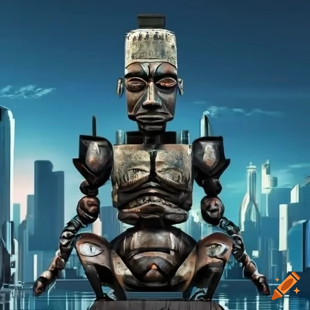 Robot with African tribal mask in futuristic city on Craiyon