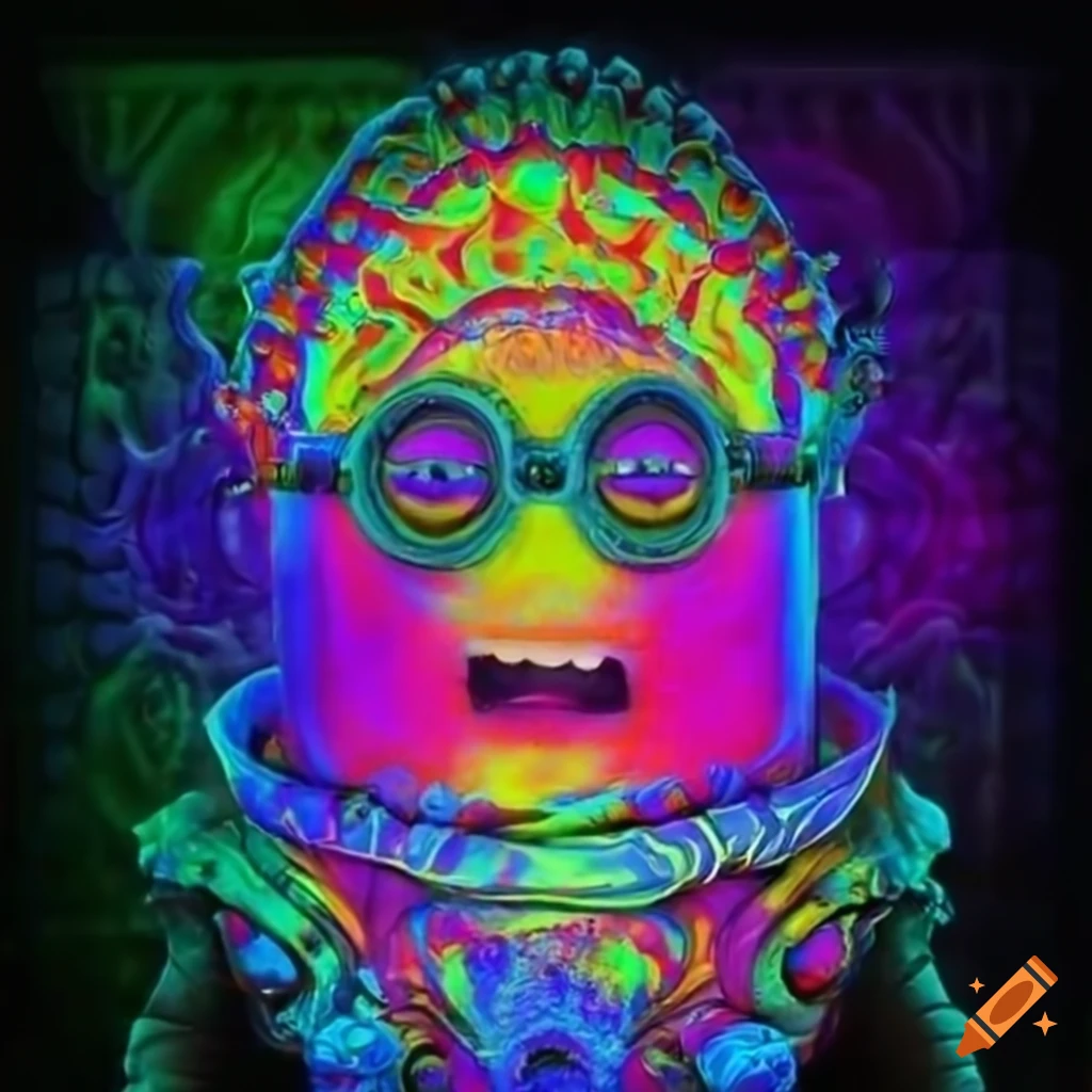 Psychedelic art of a dmt machine elf minion on Craiyon