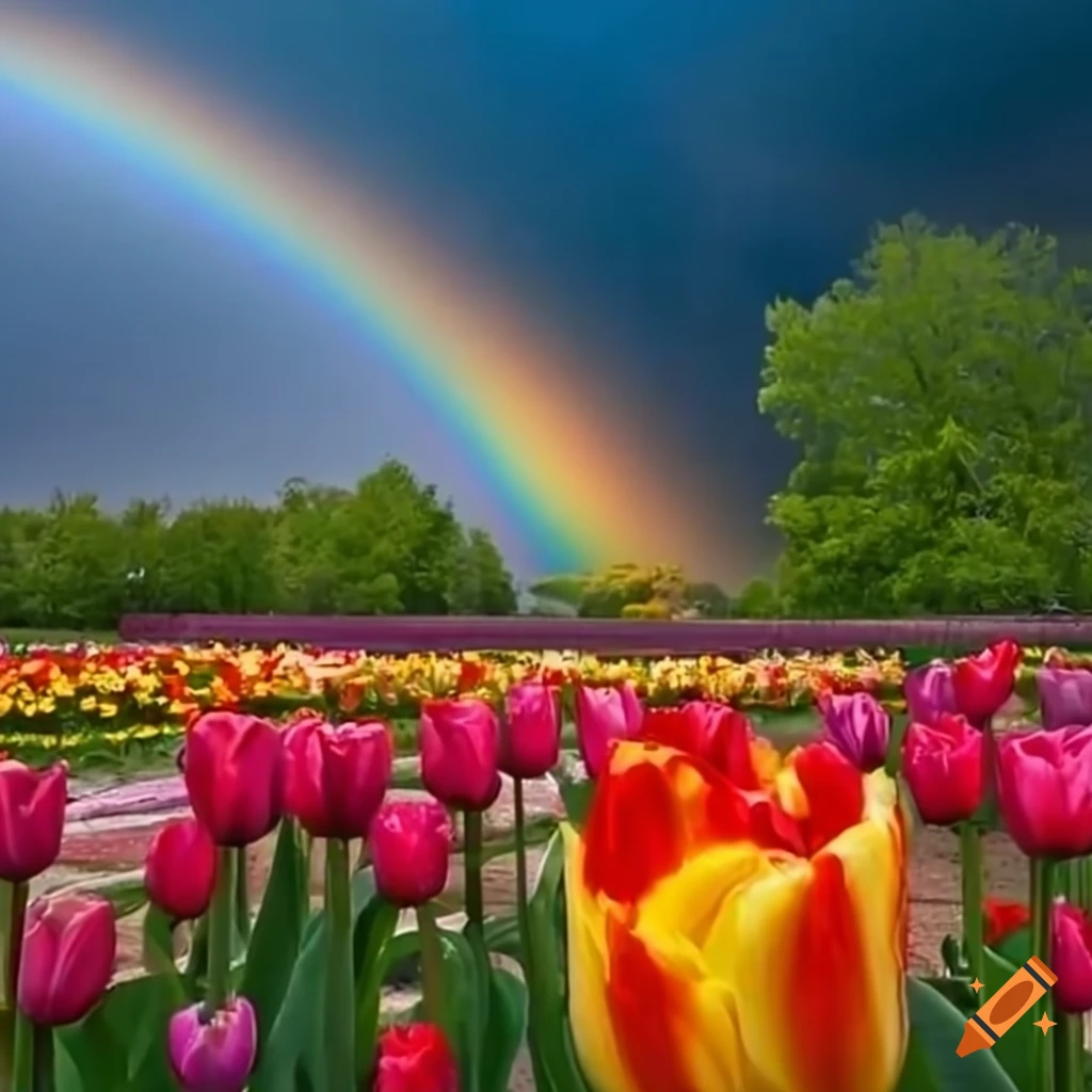 Colorful tulip garden with a rainbow on Craiyon